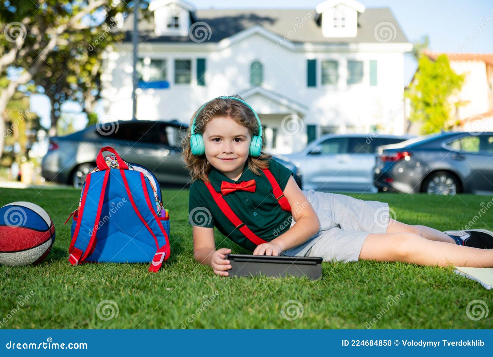 Kid Studying Online Outdoor in Park. Study in Nature. Online School ...