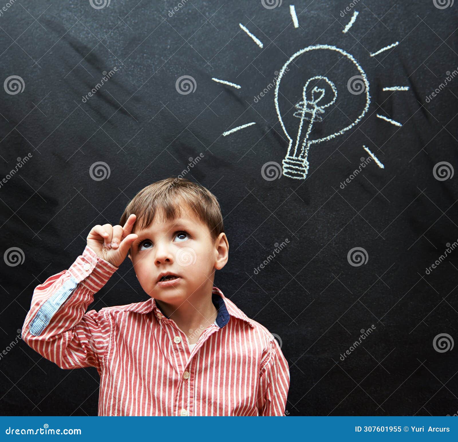 Kid, Thinking and Lightbulb on Chalkboard for Solution, Learning and ...
