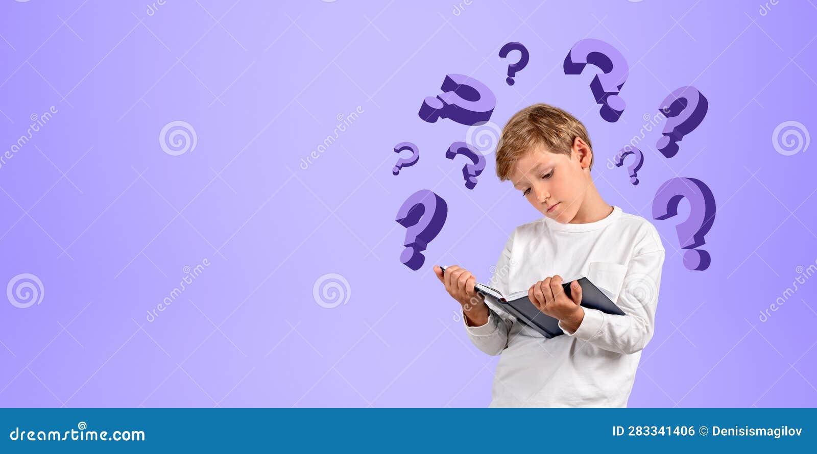Kid Thoughtful Portrait Reading a Book, Question Marks on Purple ...