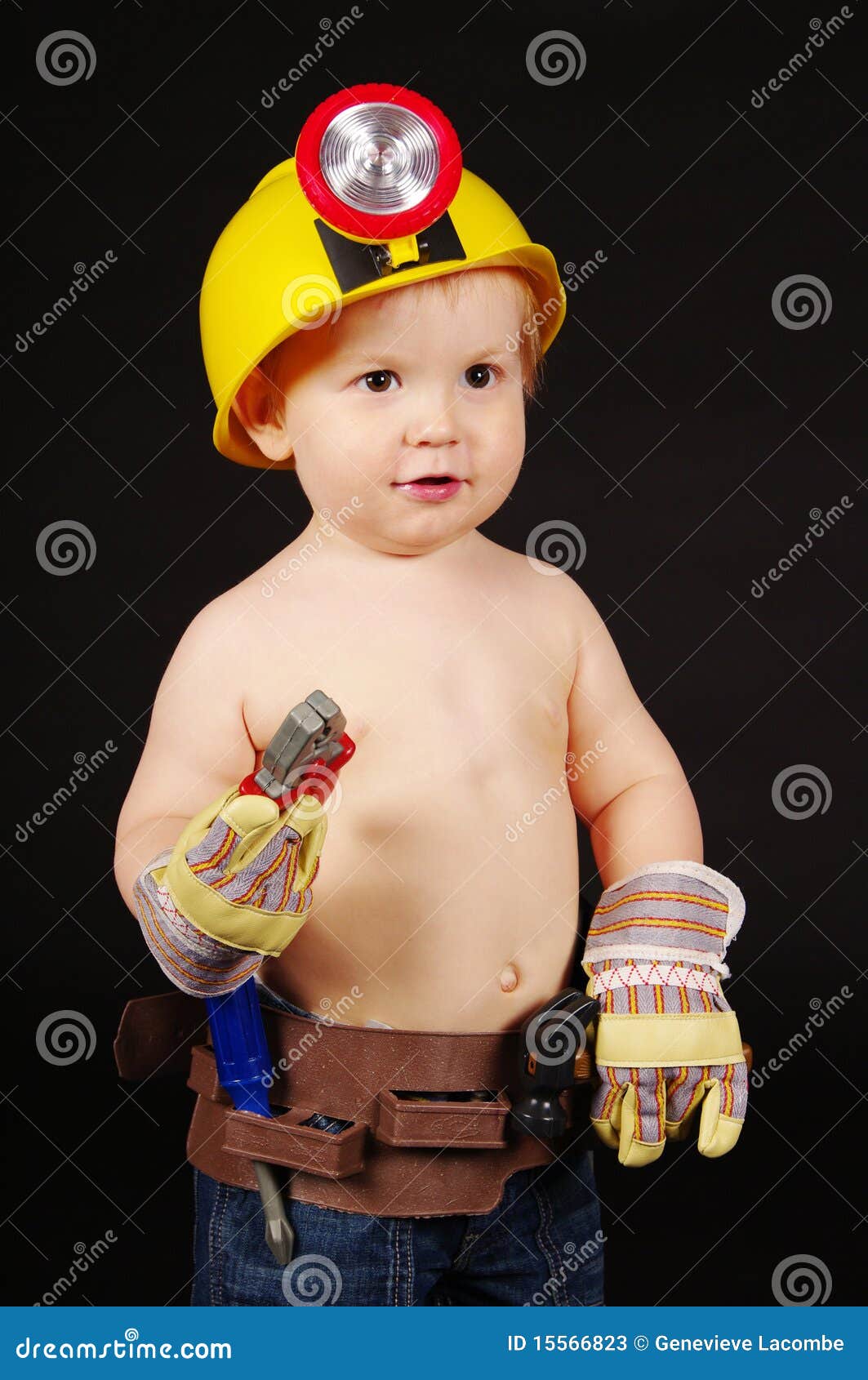 Kid with tools stock image. Image of gloves, light, play - 15566823