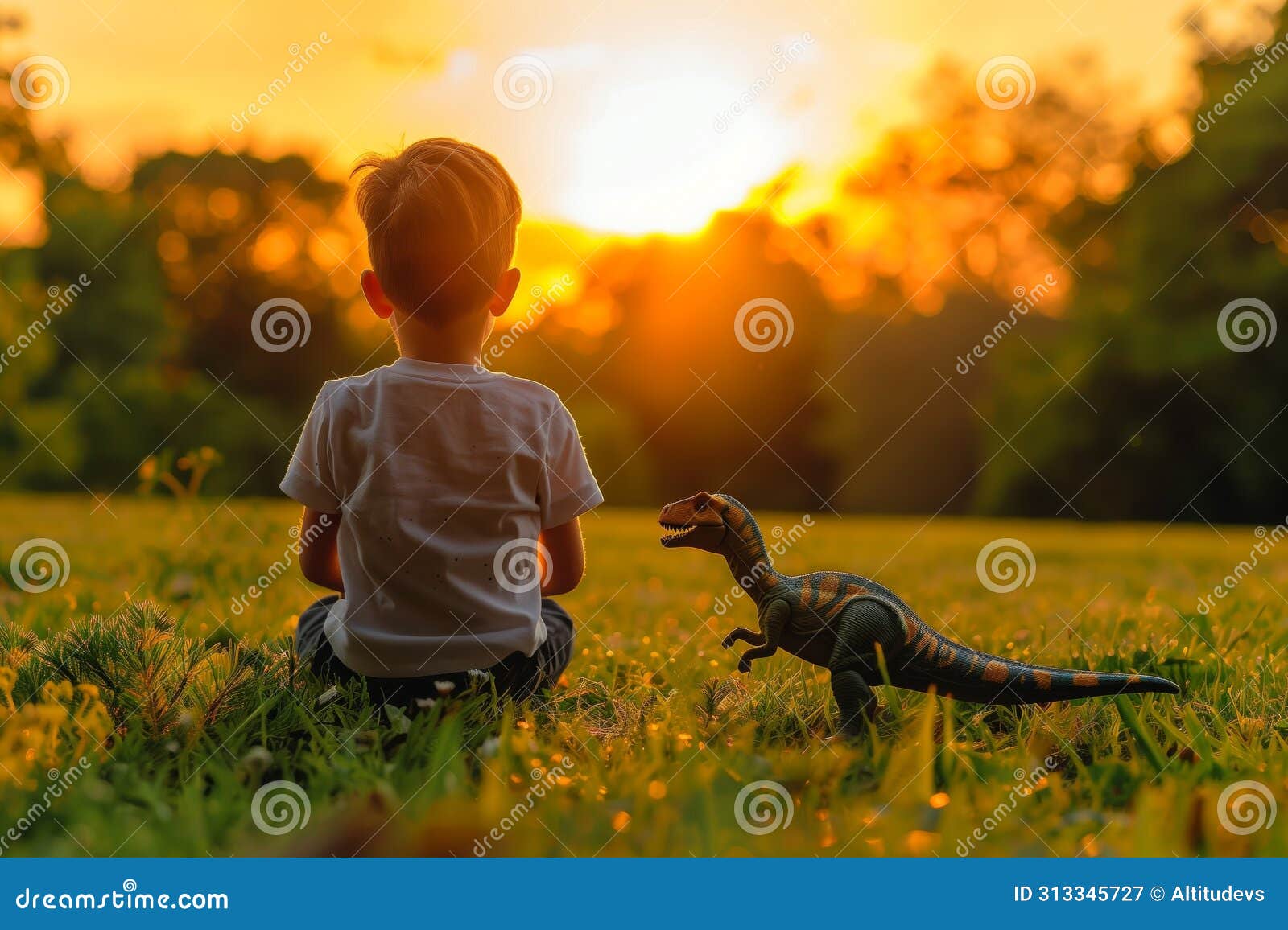 Kid with Toy Dinosaur Watching Sunset from a Park Stock Illustration ...