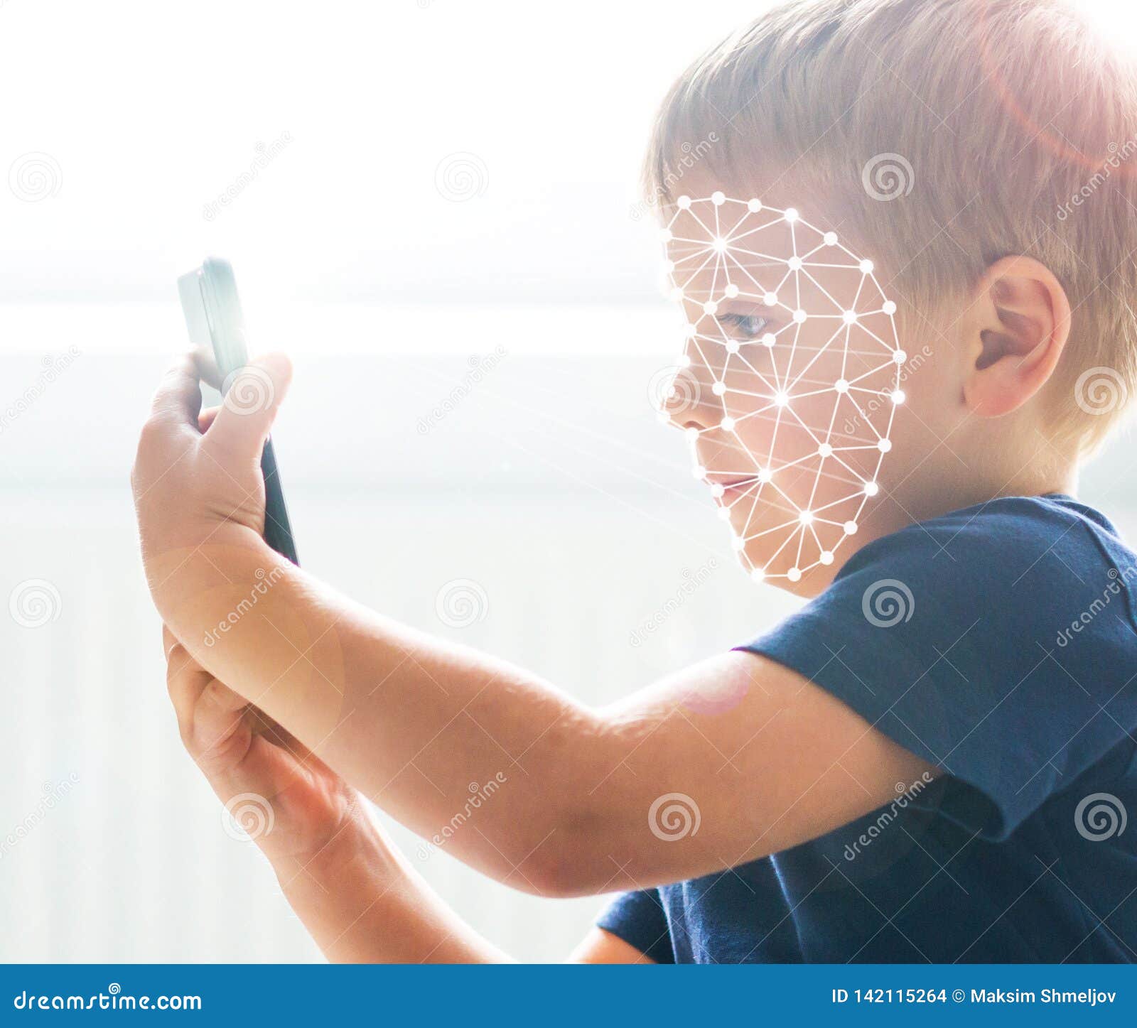 Kid Using Face Id Recognition. Boy with a Smartphone Gadget. Digital ...