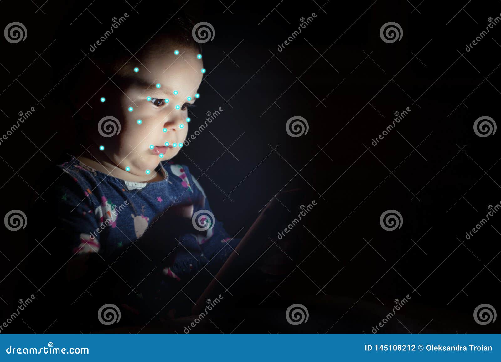 Kid Using Face Id Recognition. Boy with a Smartphone Gadget. Digital ...