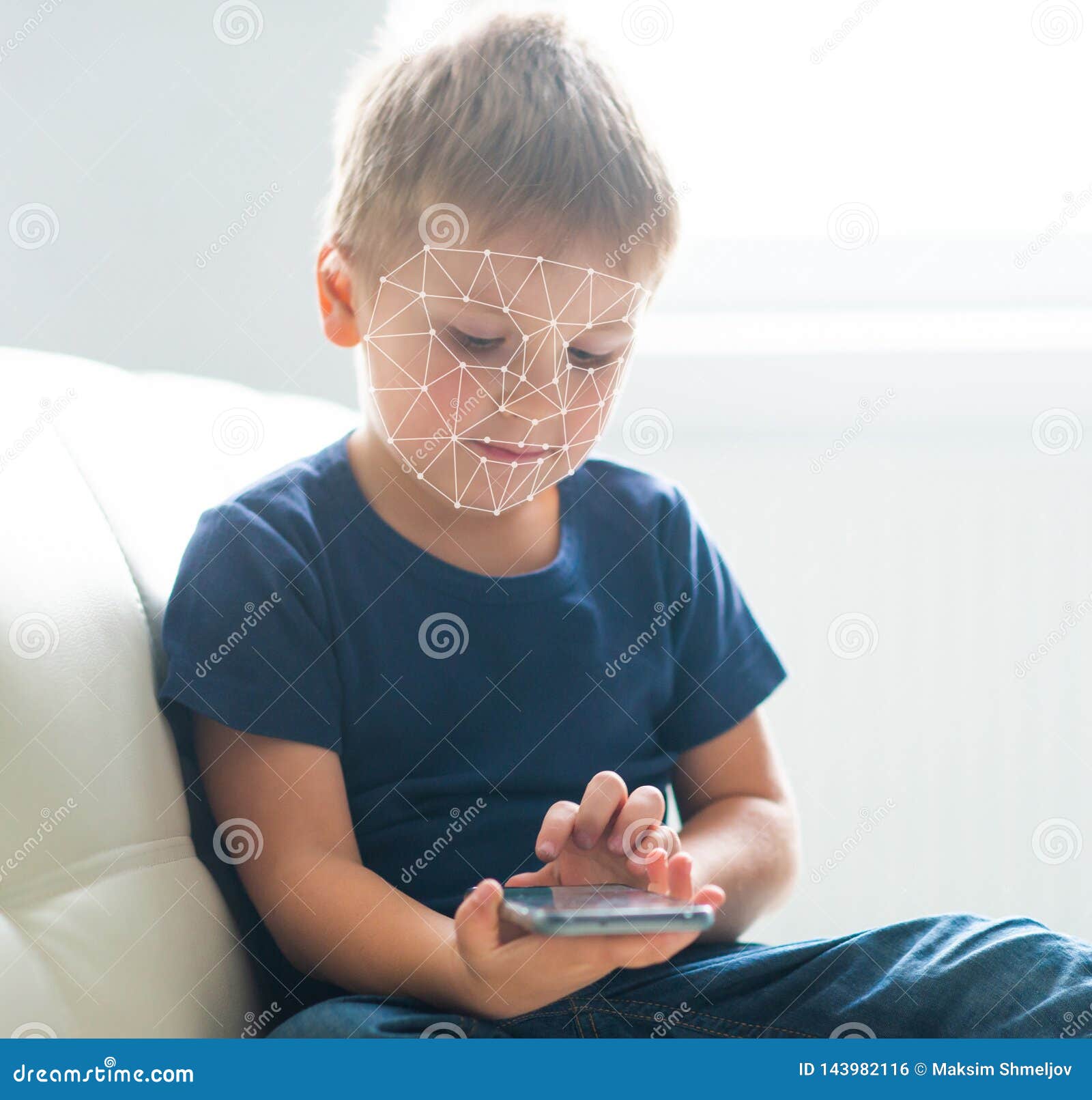 Kid Using Face Id Recognition. Boy with a Smartphone Gadget. Digital ...