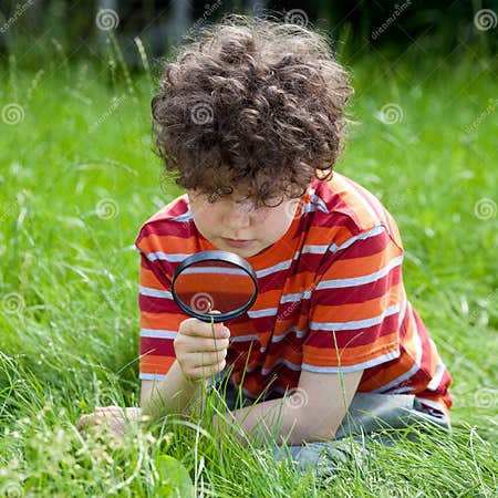 Kid using magnifying glass stock photo. Image of discover - 10277954