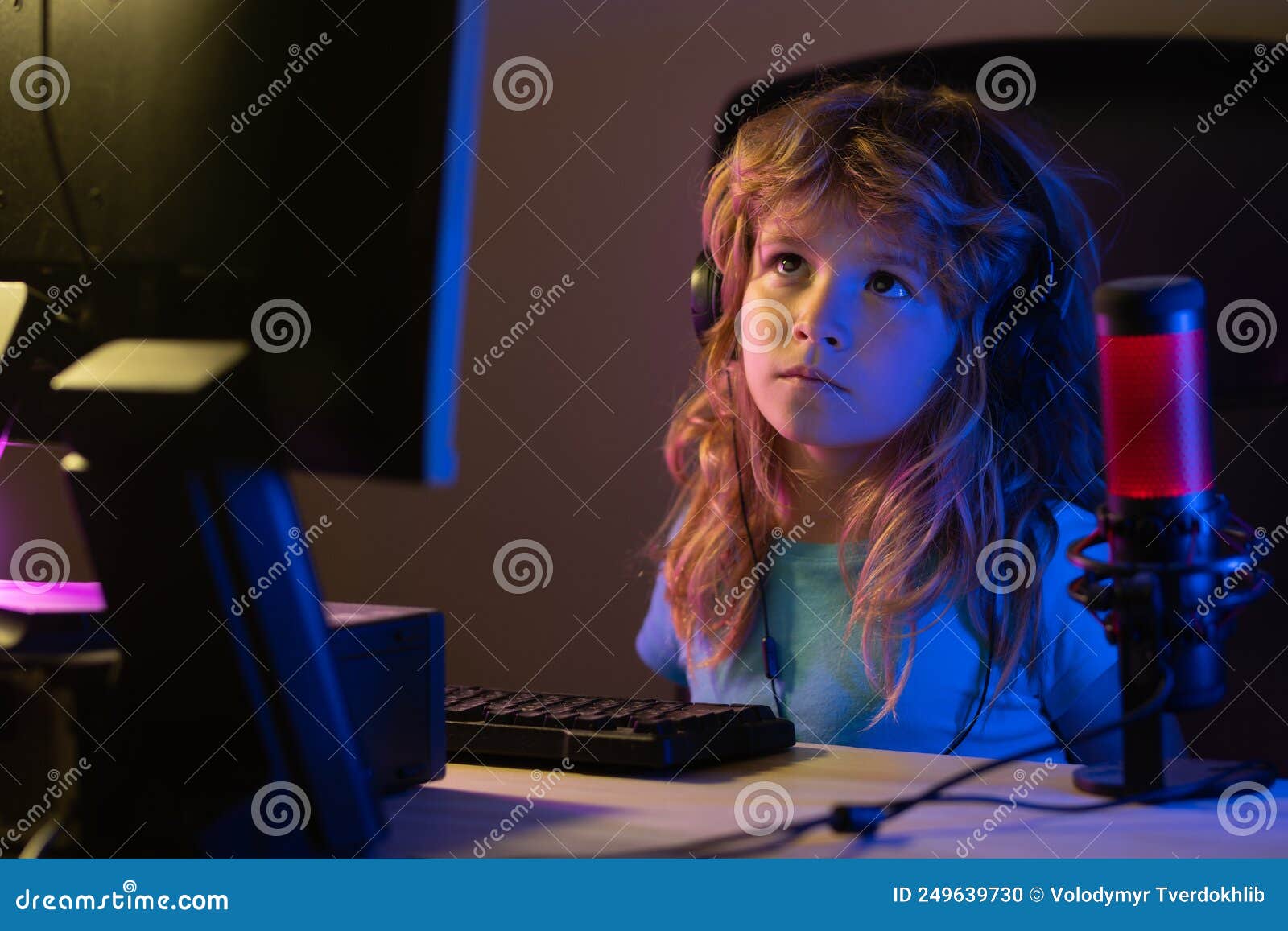 Kid Using Pc at Night. Child with Computer in a Dark Room. Social ...