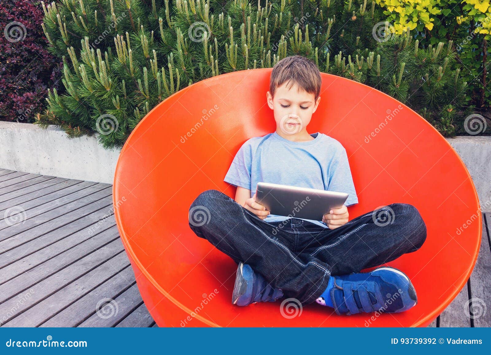 Kid Using Tablet Computer Outdoors Stock Photo - Image of connection ...