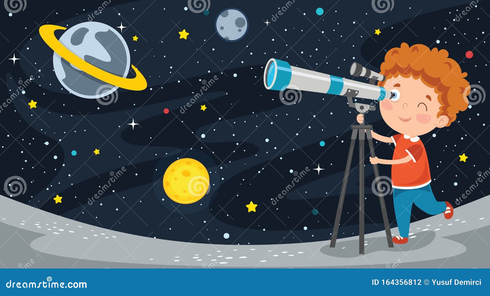 Kid Using Telescope for Astronomical Research Stock Vector - Illustration of great, preschool ...