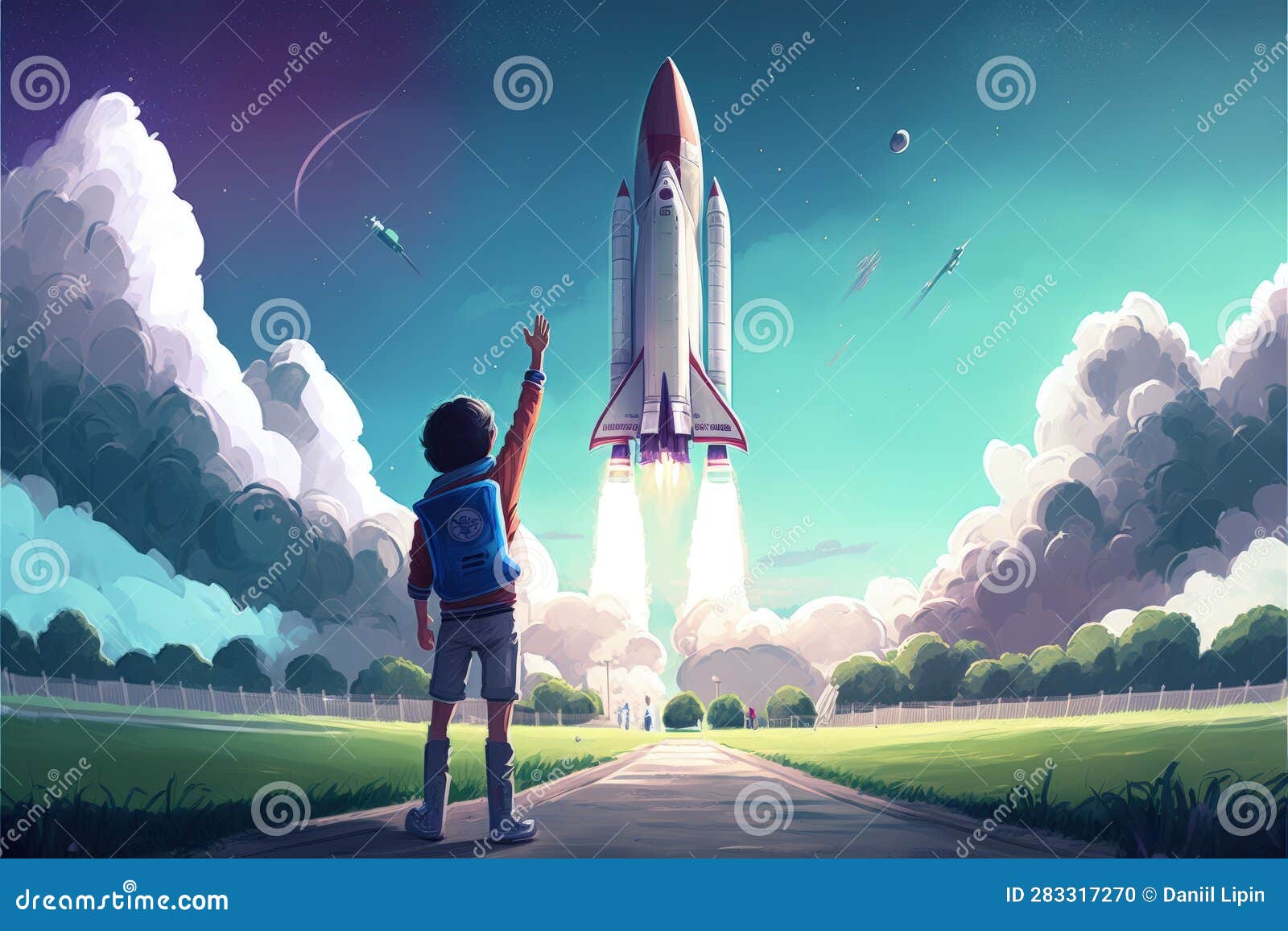 Kid Waving Goodbye in Front of a Space Rocket Launch Stock Illustration ...