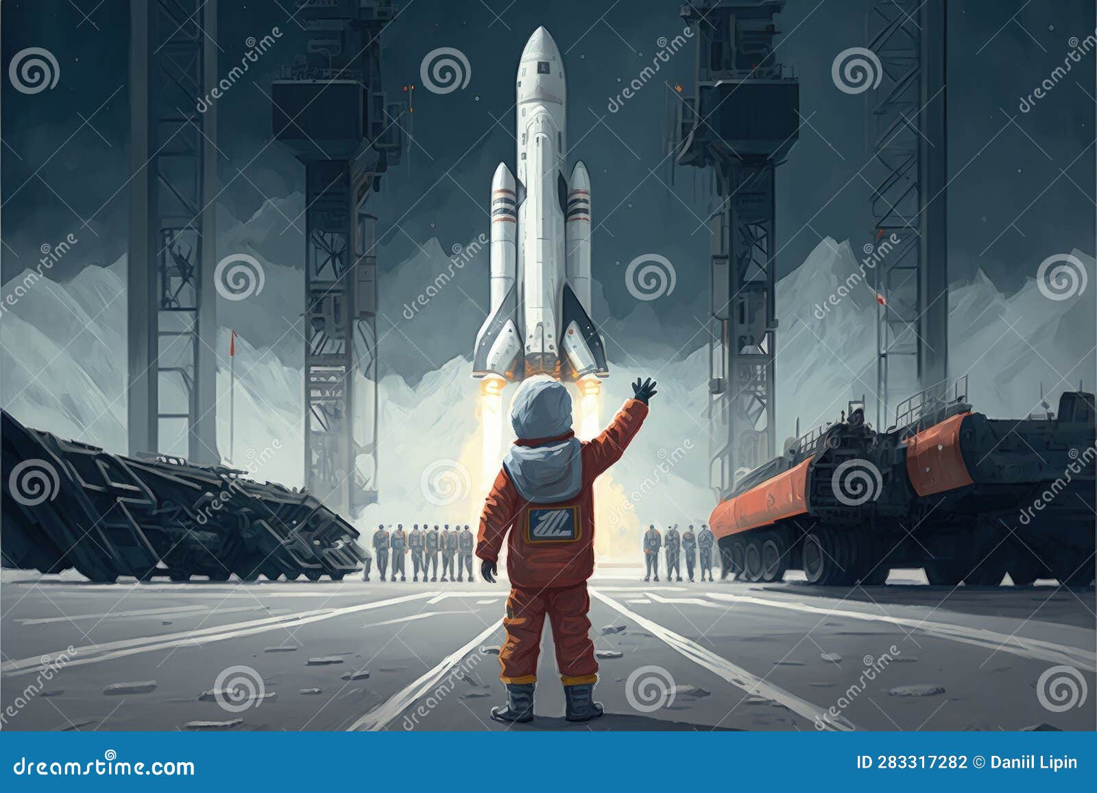 Kid Waving Goodbye in Front of a Space Rocket Launch Stock Illustration ...