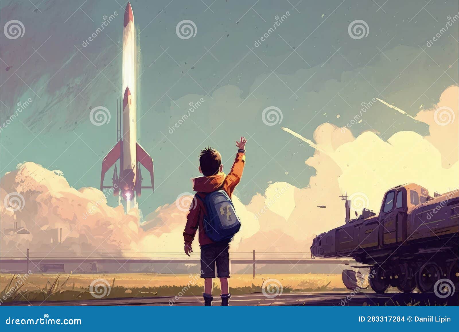 Kid Waving Goodbye in Front of a Space Rocket Launch Stock Illustration ...