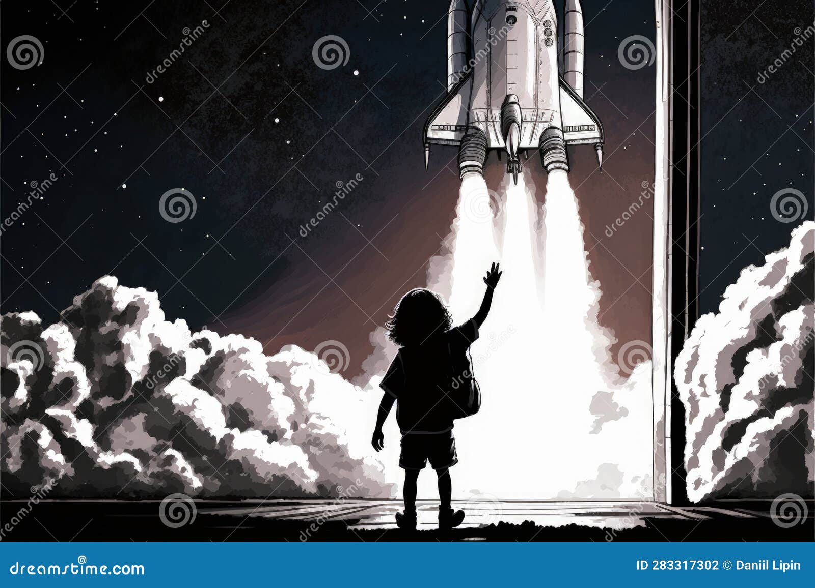Kid Waving Goodbye in Front of a Space Rocket Launch Stock Illustration ...