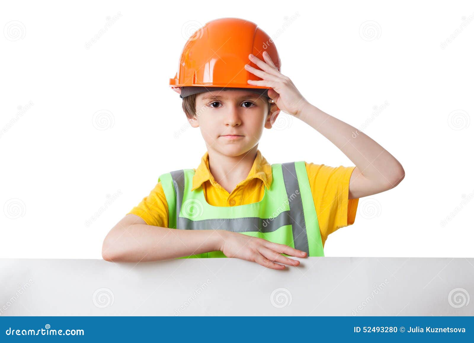 Kid in Work Clothes Stands with Billboard Stock Photo - Image of cute ...