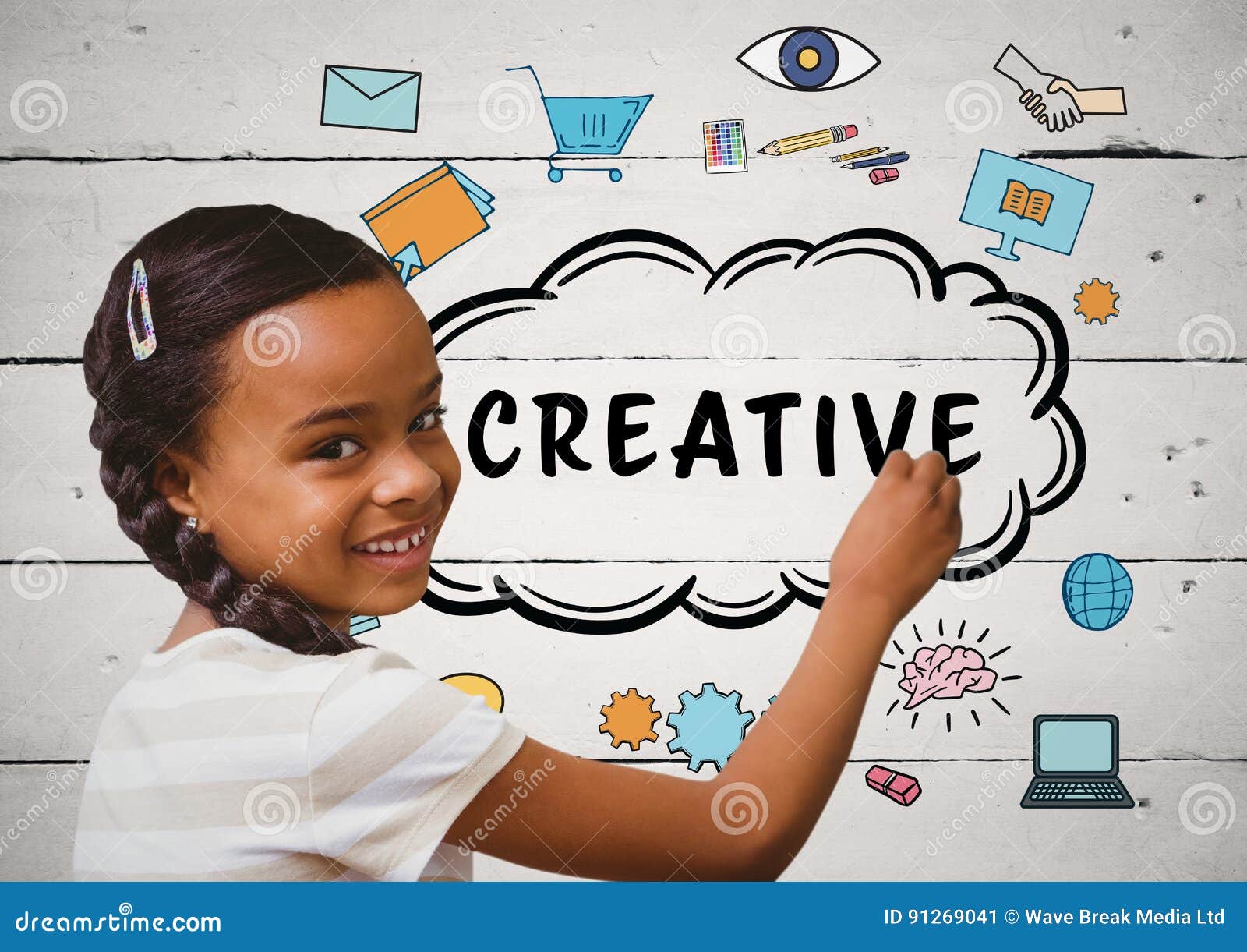 Kid Writing Creative Doodles on White Wood Panel Stock Illustration ...