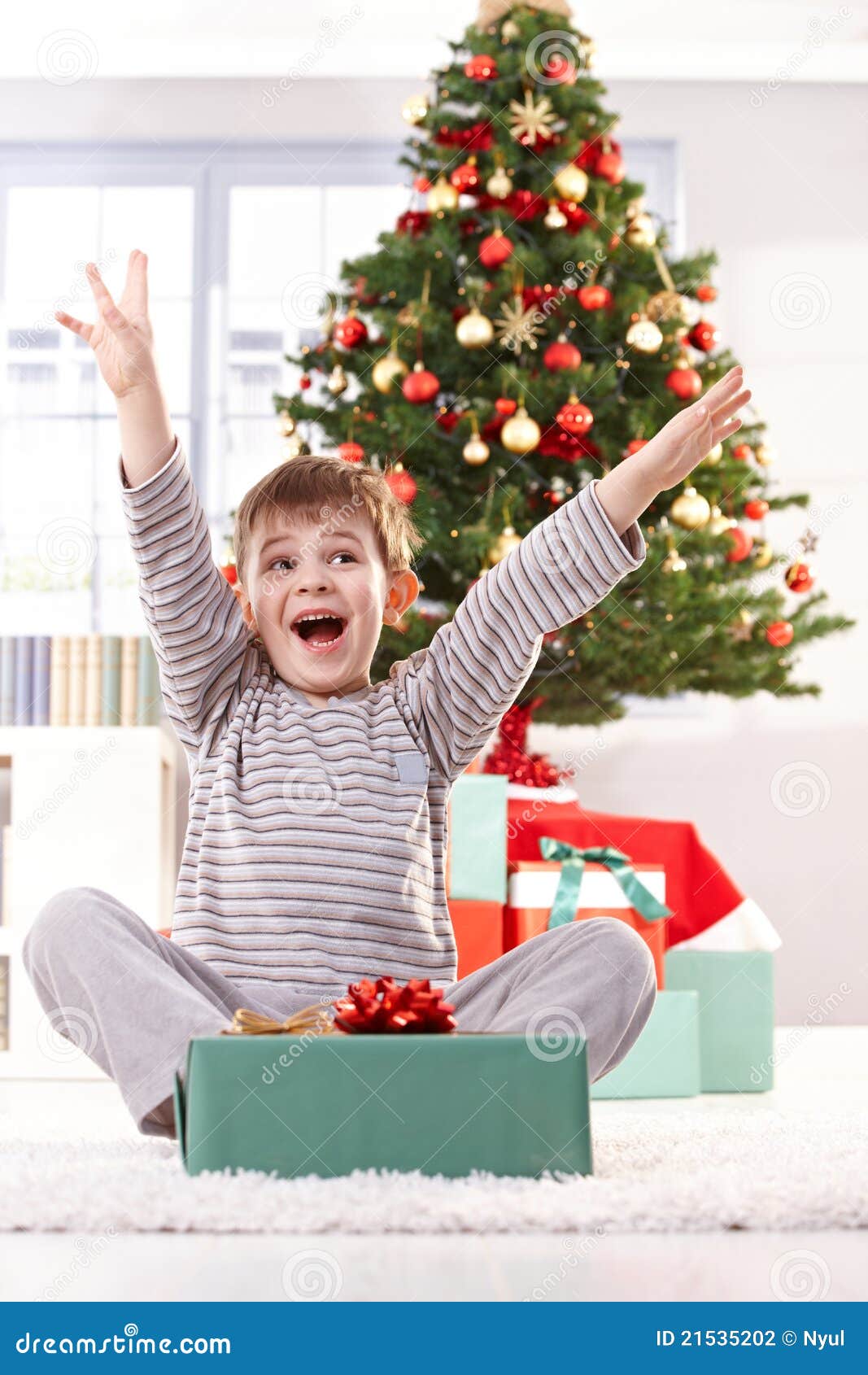 Kid Yelling Happily at Christmas Gift Stock Photo - Image of gifts ...