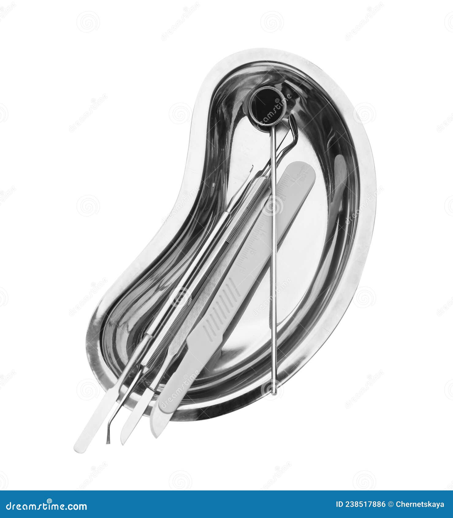 Kidney Shaped Tray with Set of Dentist`s Tools Isolated on White, Top ...