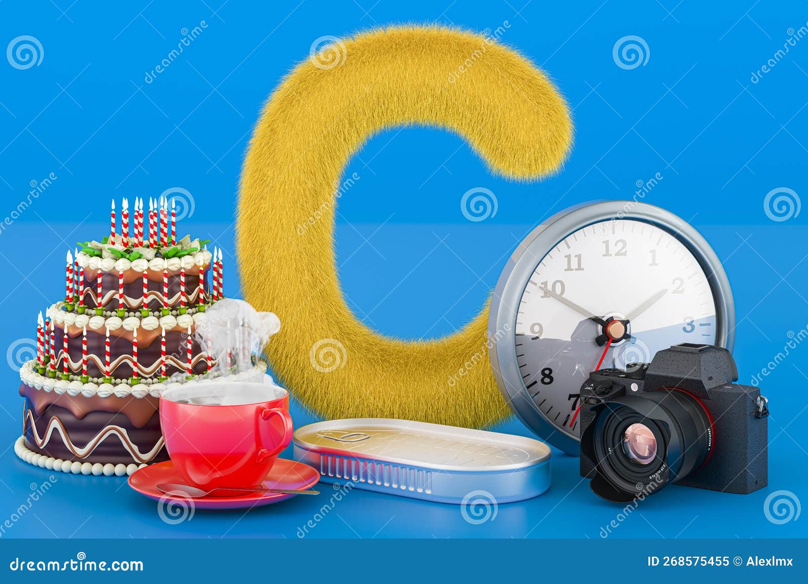 Kids ABC, Fluffy Letter C with Cake, Clock, Cup, Tin Can, Camera. 3D ...