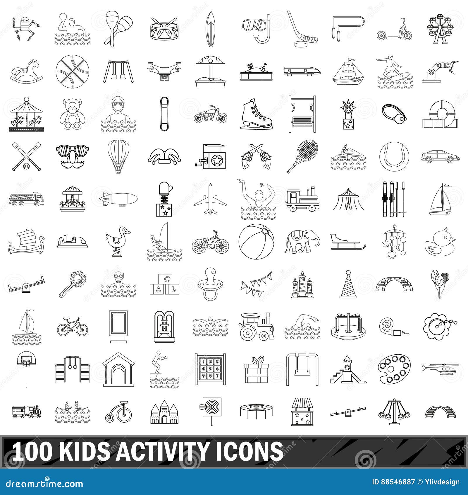 100 Kids Activity Icons Set, Outline Style Stock Vector - Illustration ...