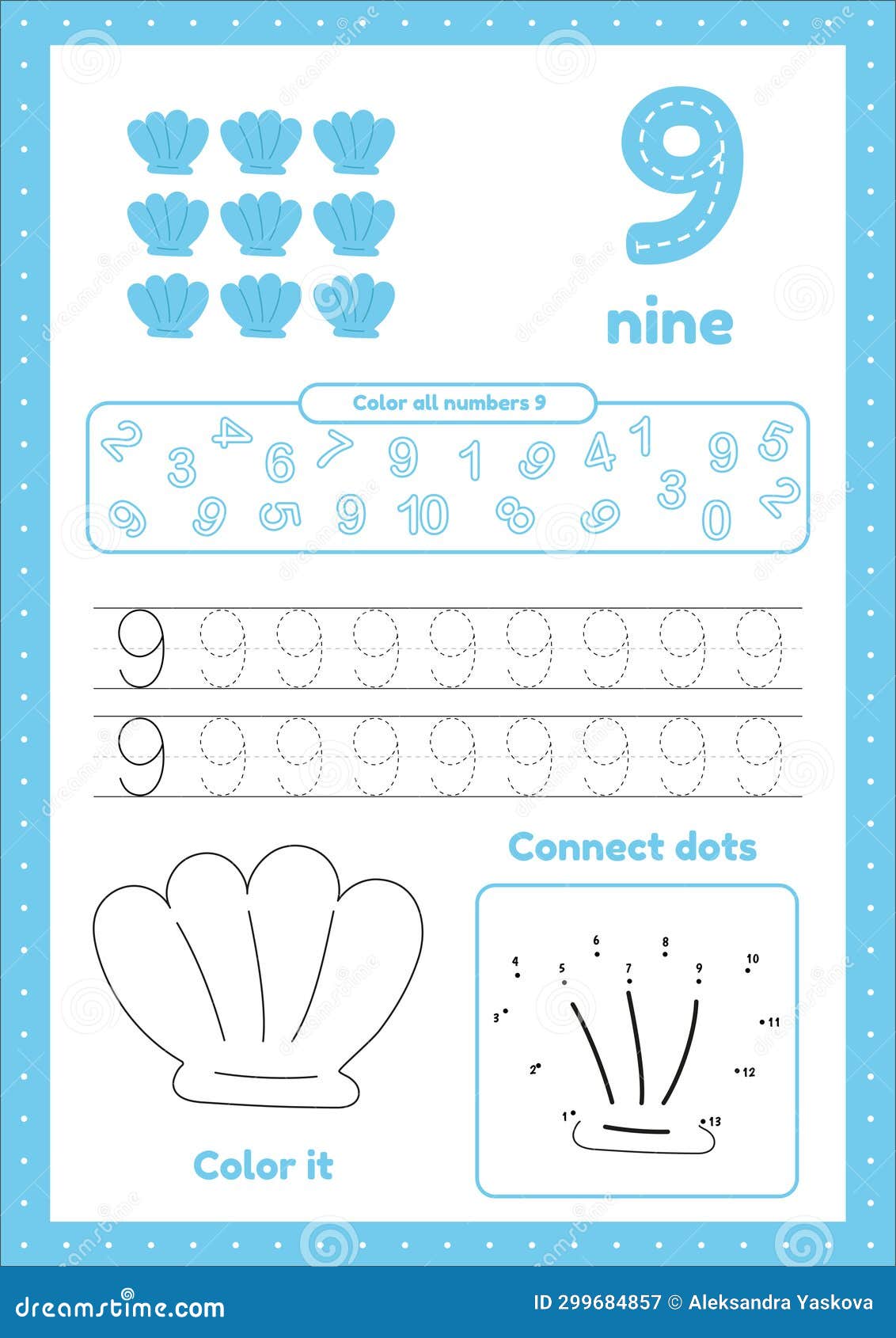 Kids Activity Page. Learn Number Nine. Coloring, Tracing Shell Stock ...