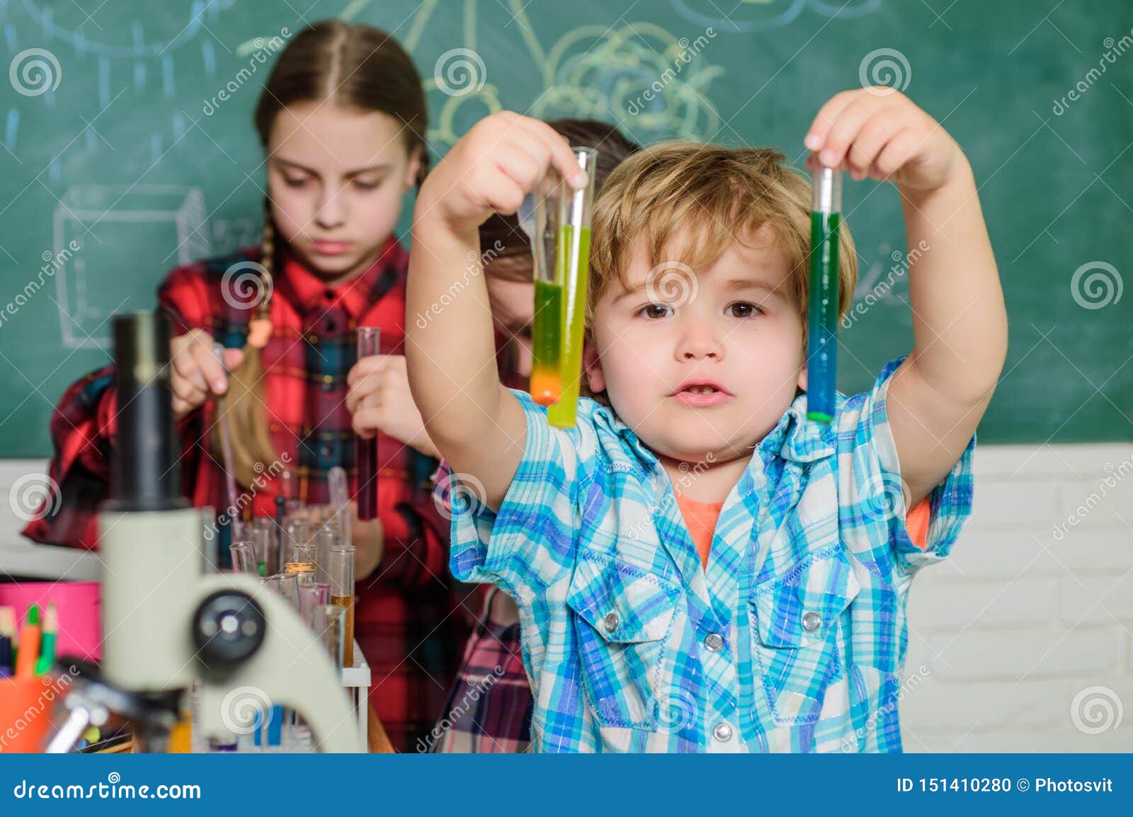 Kids Adorable Friends Having Fun in School. School Chemistry Lab ...