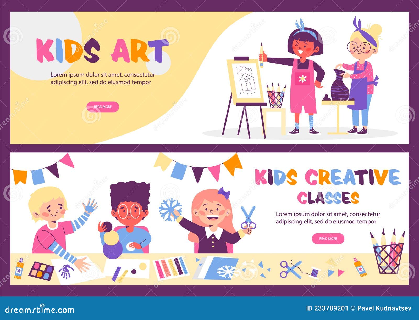 Kids Art Lessons and Creative Class Banners Set, Flat Vector ...