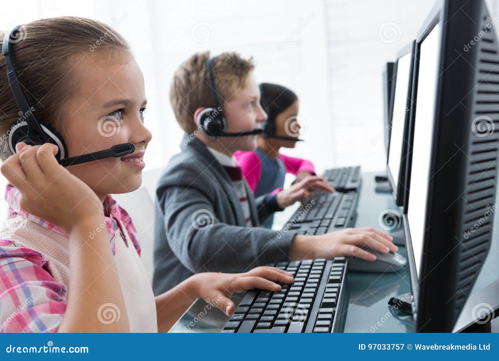 Kids As Customer Care Executive Working Stock Image - Image of care ...