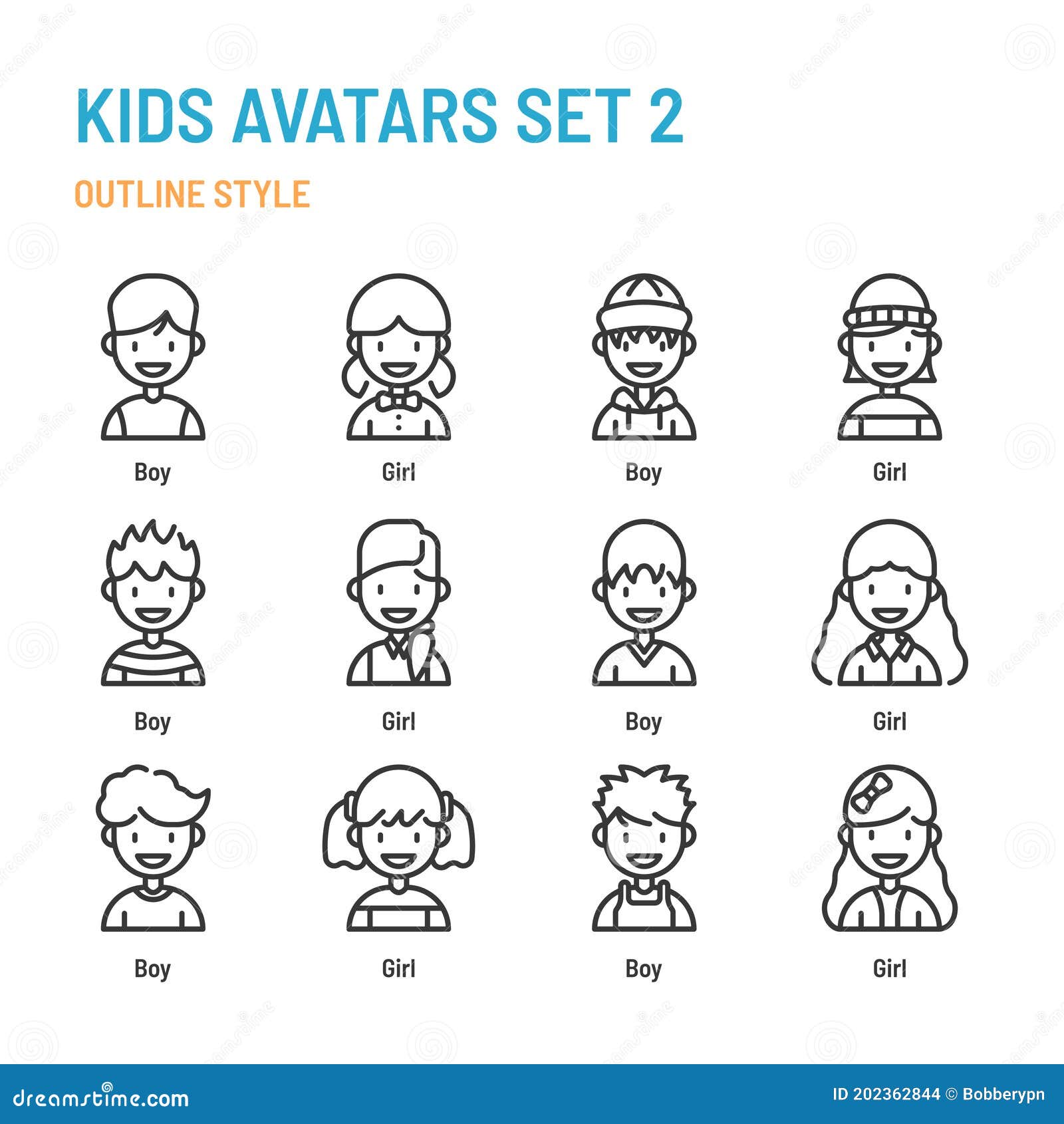 Kids Avatars in Outline Icon and Symbol Set Stock Vector - Illustration ...