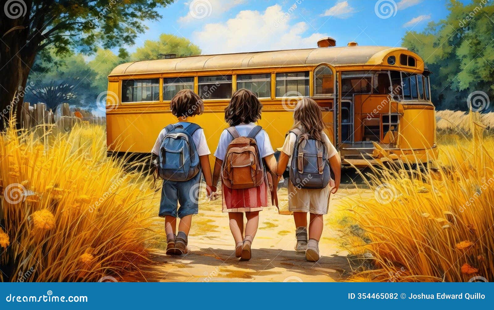 Kids with Backpacks Walking Towards the School Bus Stock Illustration ...