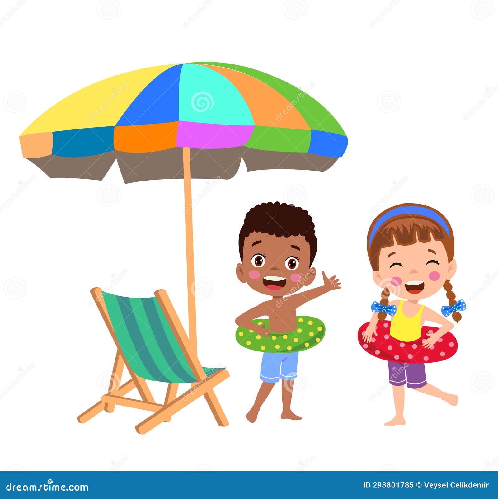Kids at the Beach with an Umbrella and a Foldable Bed Stock Vector ...