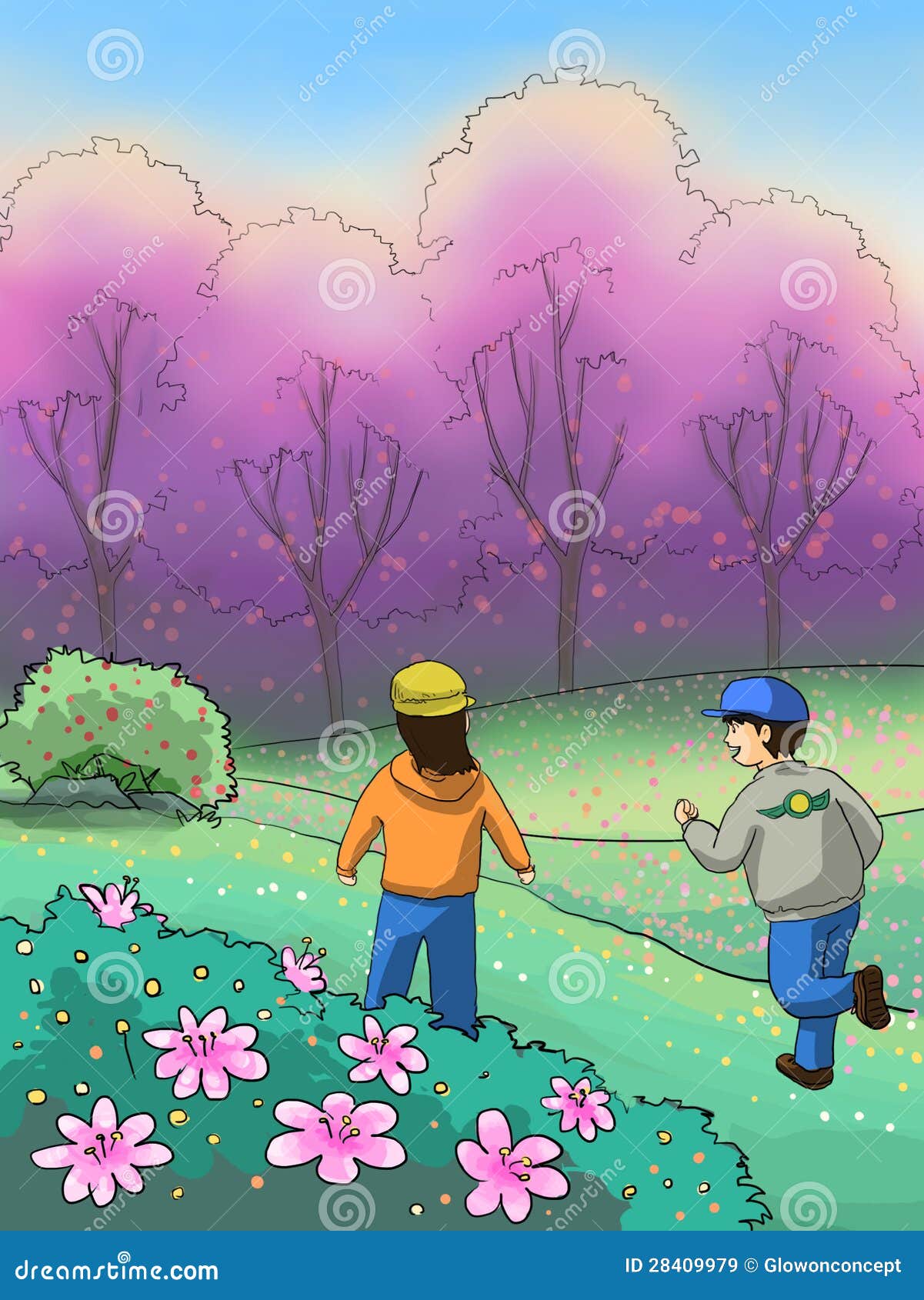 Kids in a Beautiful Spring Park Stock Illustration - Illustration of ...