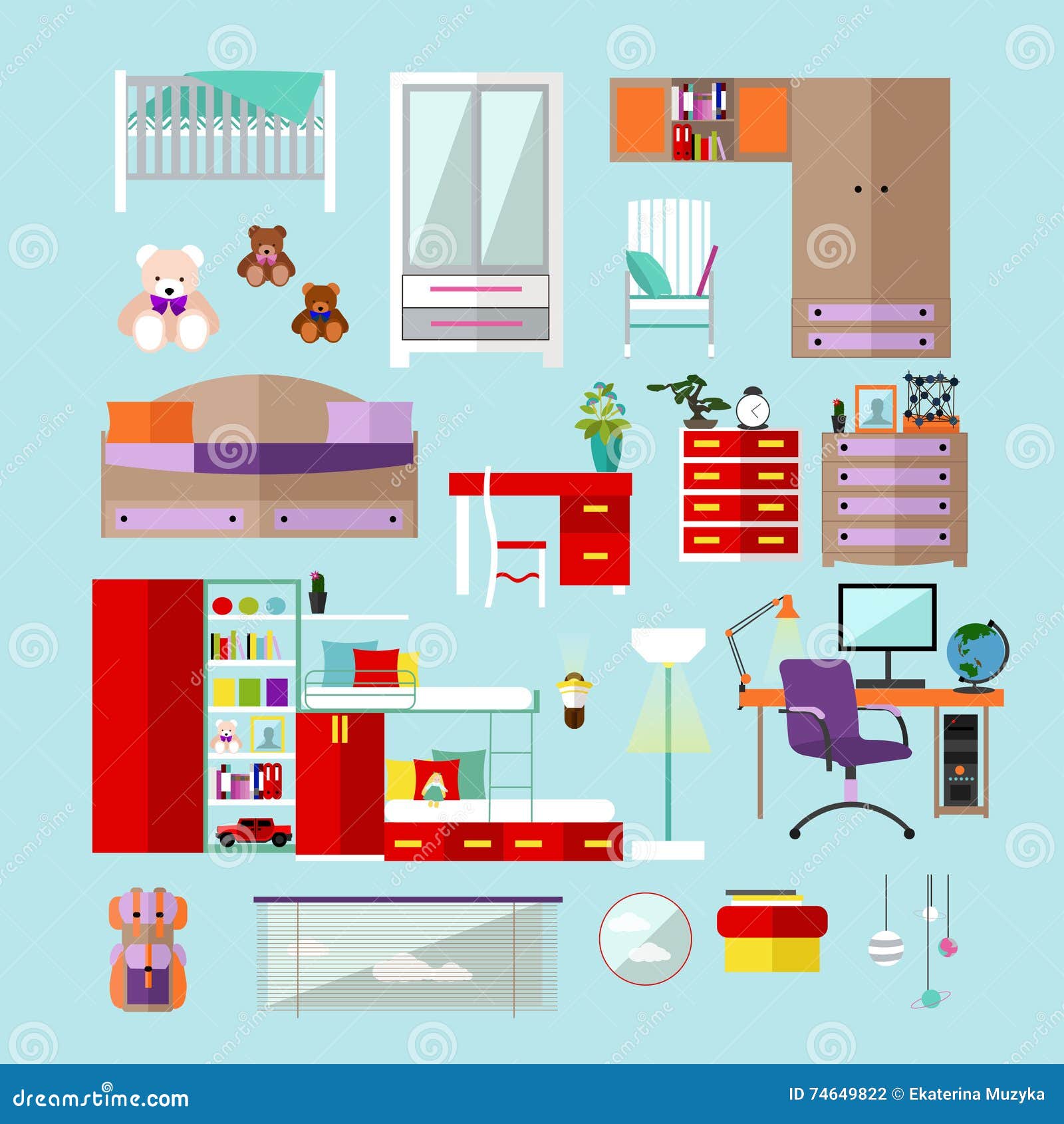 Kids Bedroom Interior Objects in Flat Style. Vector Illustration Stock ...