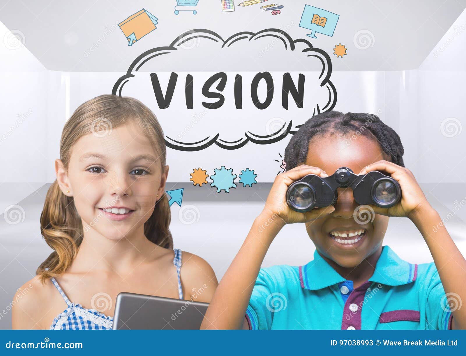 Kids with Binoculars with Blank Room Background and Vision Text ...