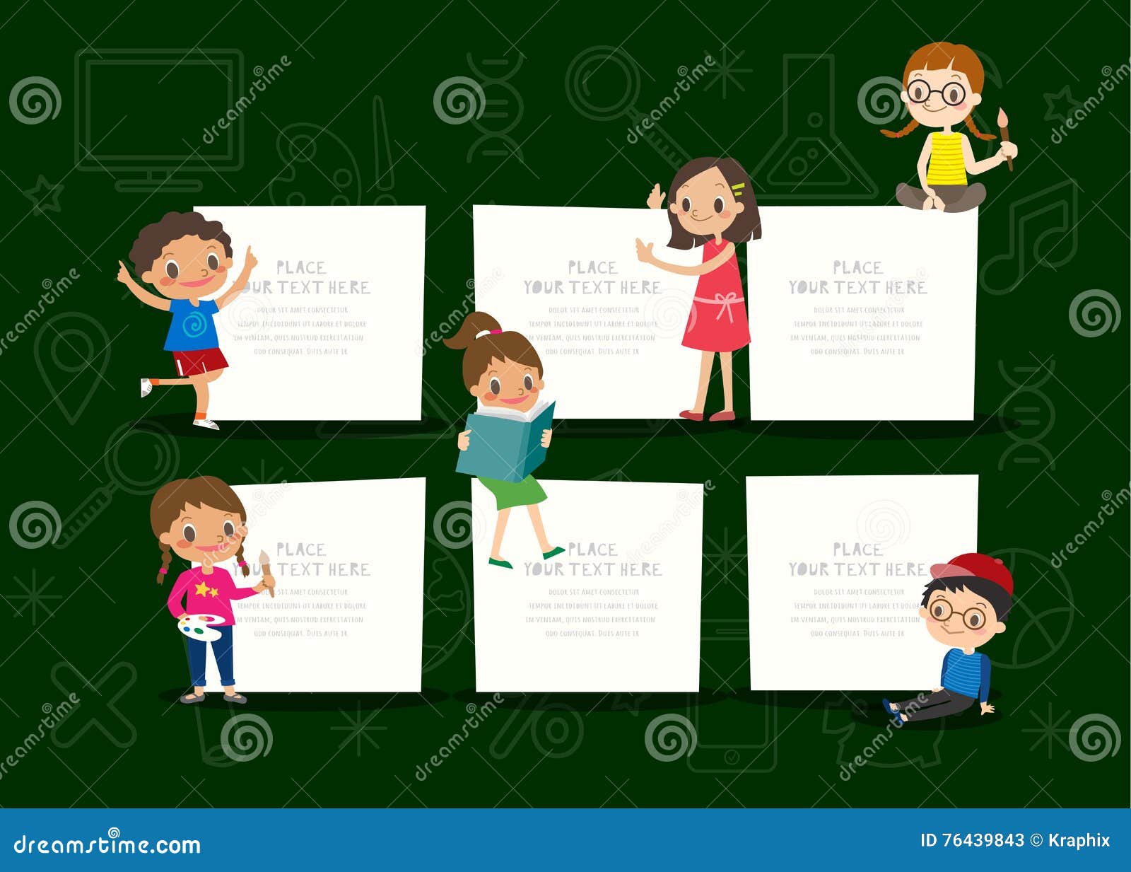 Kids With Blank Notepad Board On Green Chalkboard Background Cartoon ...