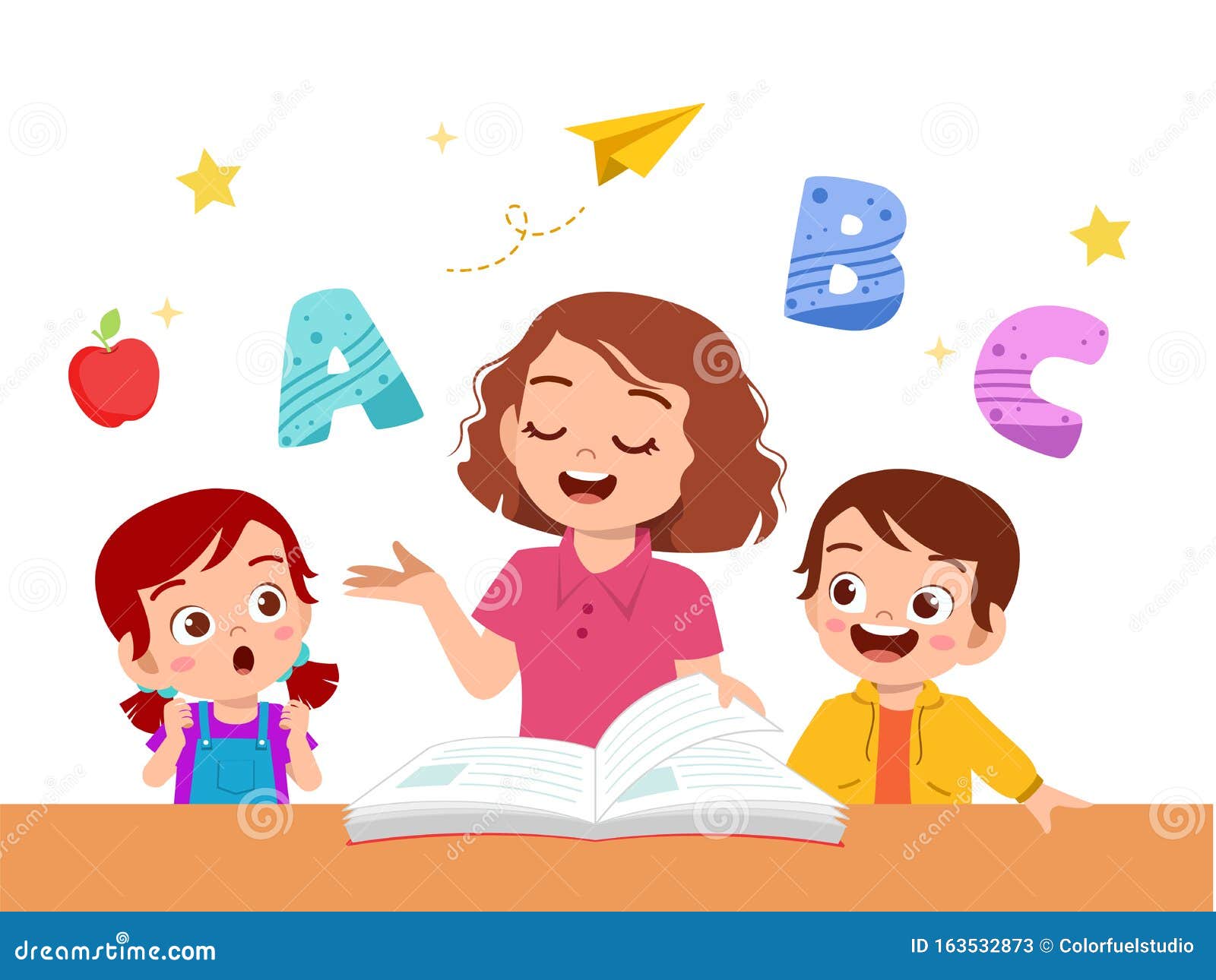 Kids Boy and Girl Study with Teacher Stock Vector - Illustration of ...