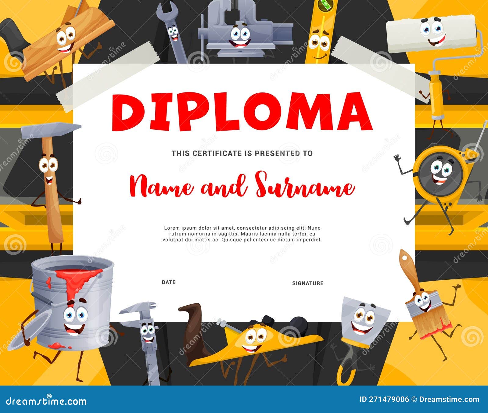 Kids Builder Diploma Cartoon Construction and Tool Stock Vector ...