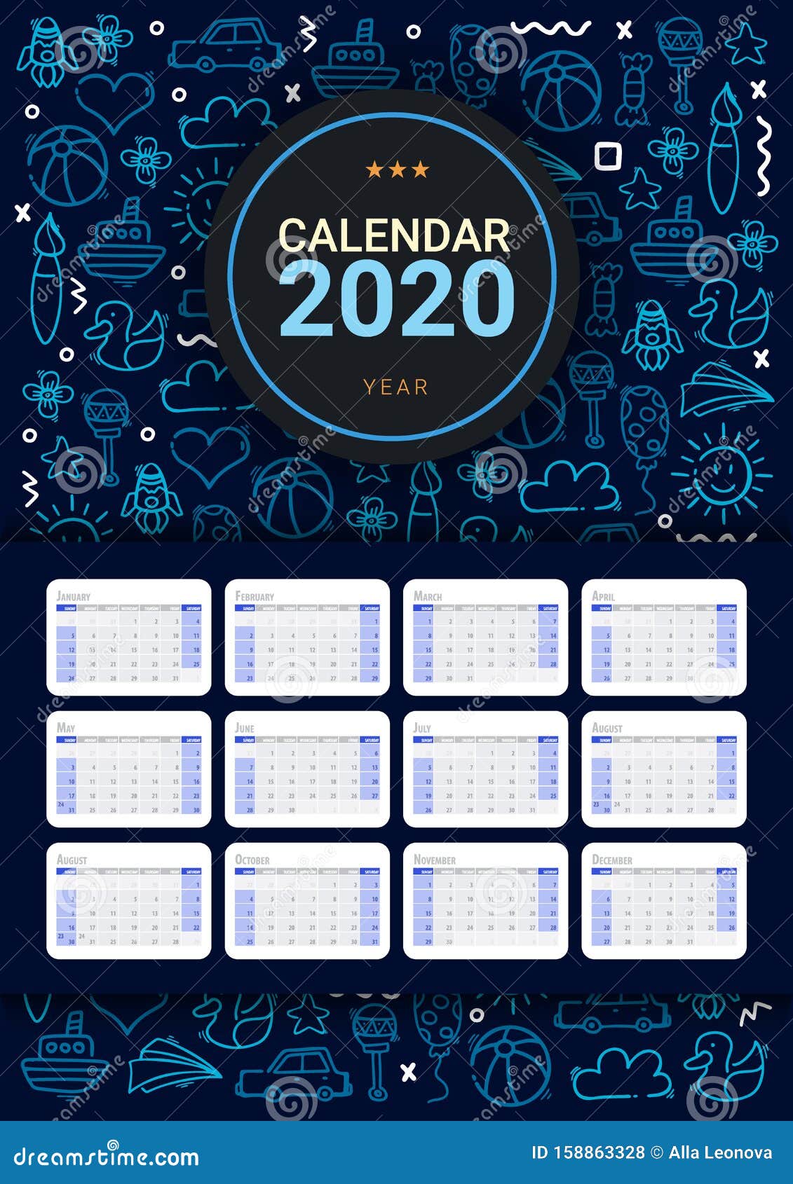 Kids Calendar 2020 with Hand Draw Doodle Background. Stock Vector ...