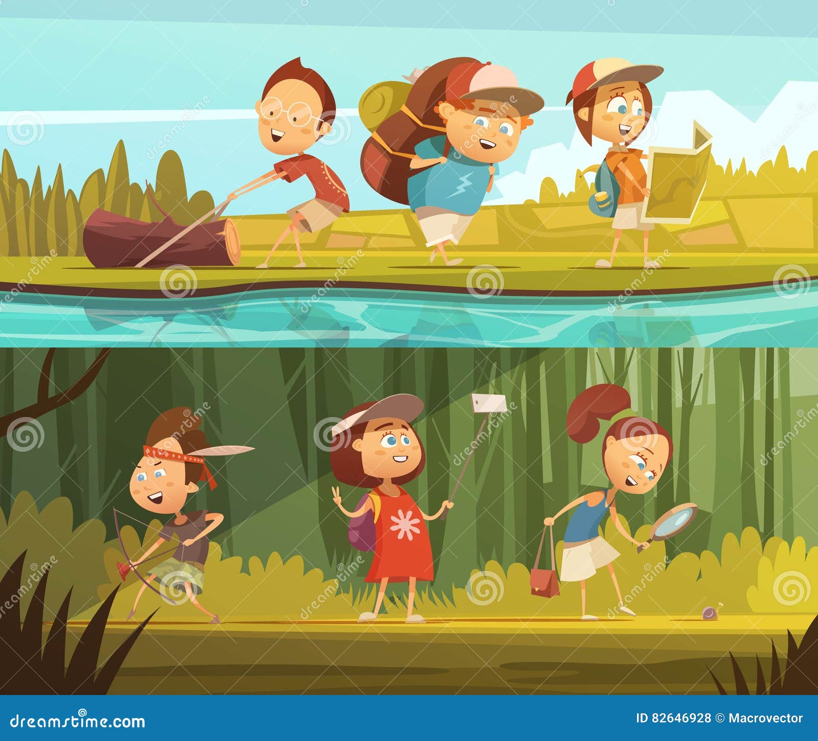 Kids Camping Cartoon Vector Illustration. Set Of Kids Camp Elements And ...