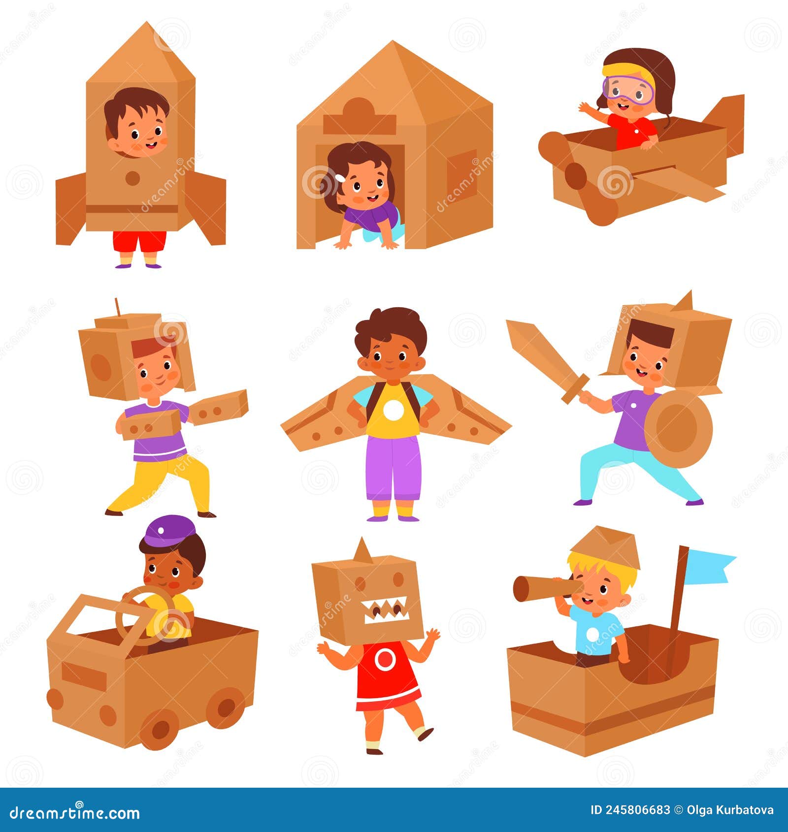 Kids Cardboard Boxes. Cartoon Children Characters Make Cardboard ...