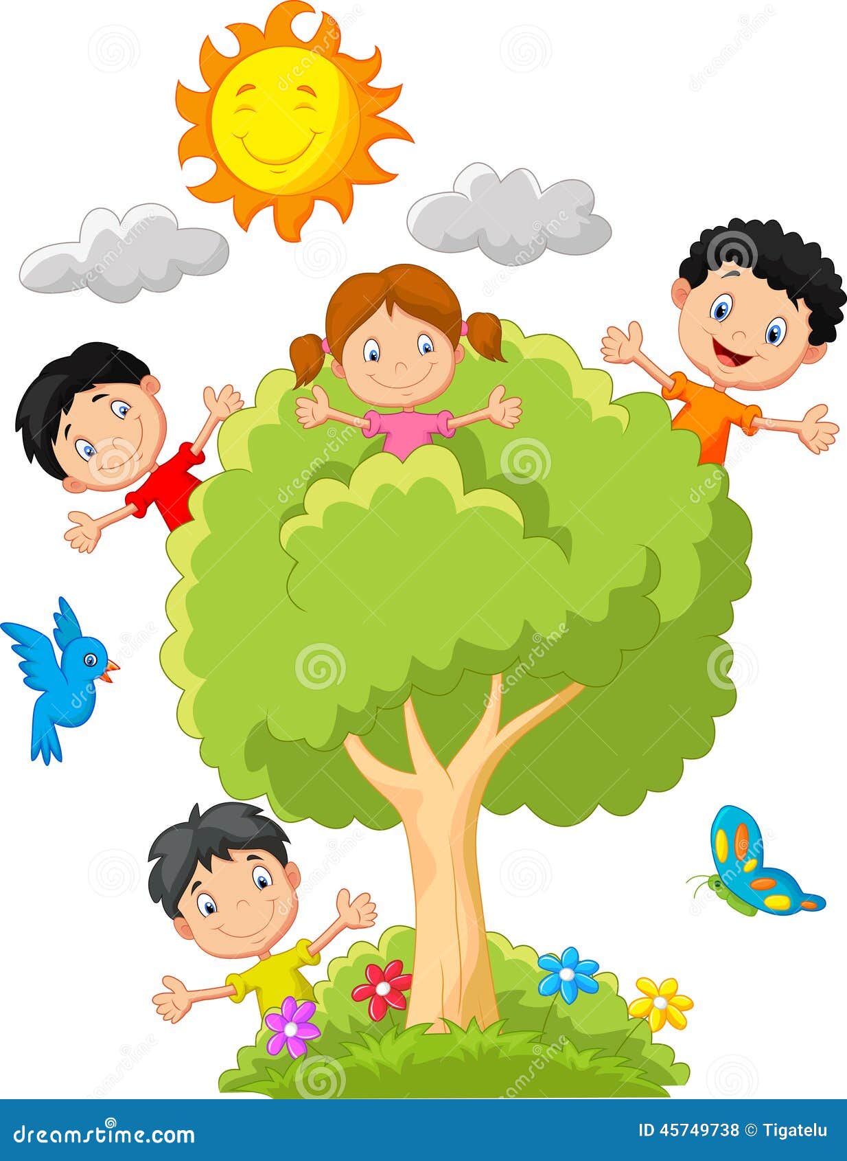 Kids Cartoon Playing On Tree Stock Vector - Image: 45749738
