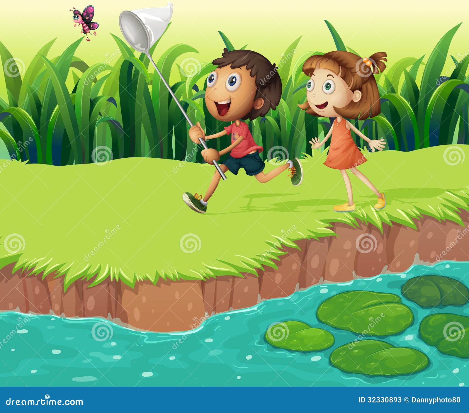 Kids catching butterflies stock vector. Illustration of outdoor - 32330893
