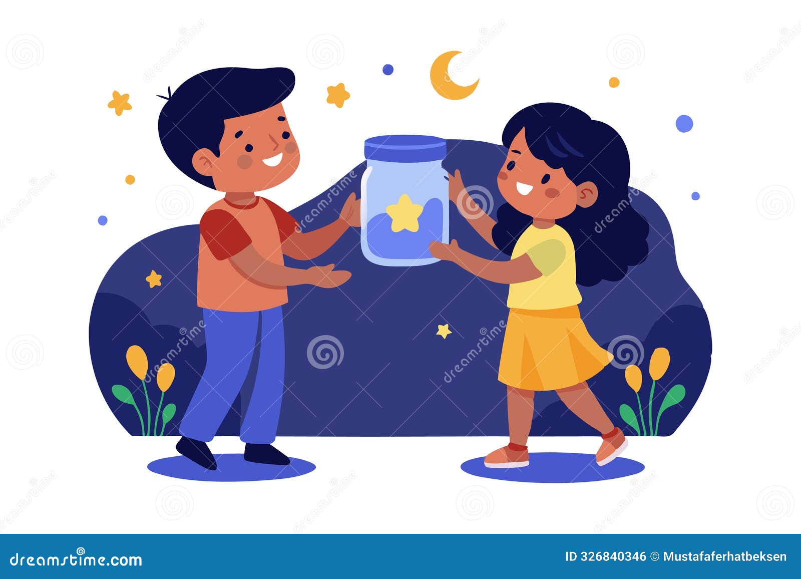 Kids Catching Fireflies in a Jar at Night Stock Illustration ...
