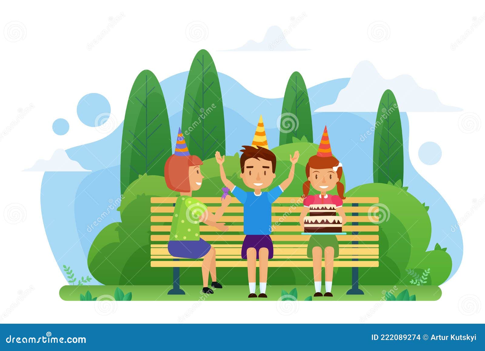 Kids Celebrate Birthday on a Bench in the Park Stock Vector ...