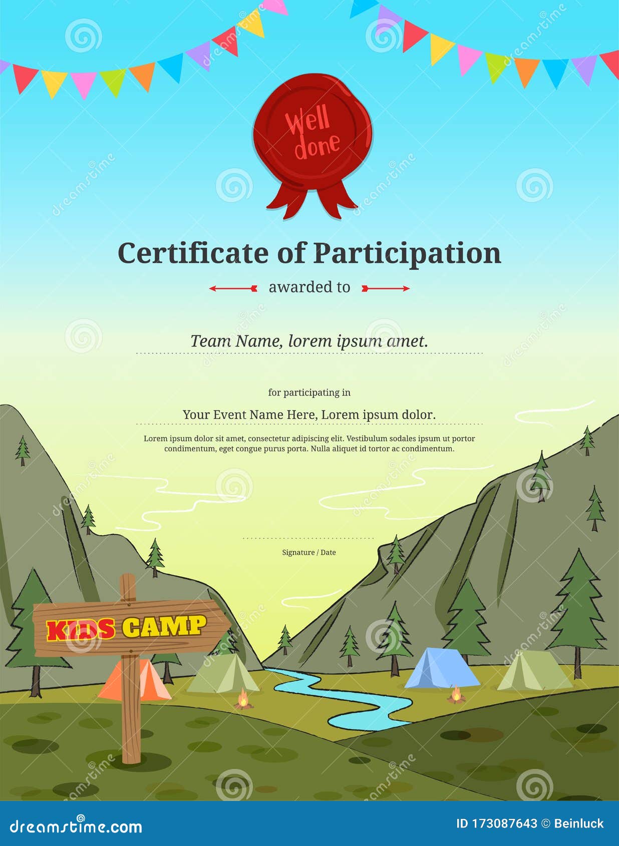 Kids Certificate Template in Vector for Camping Participation Stock ...