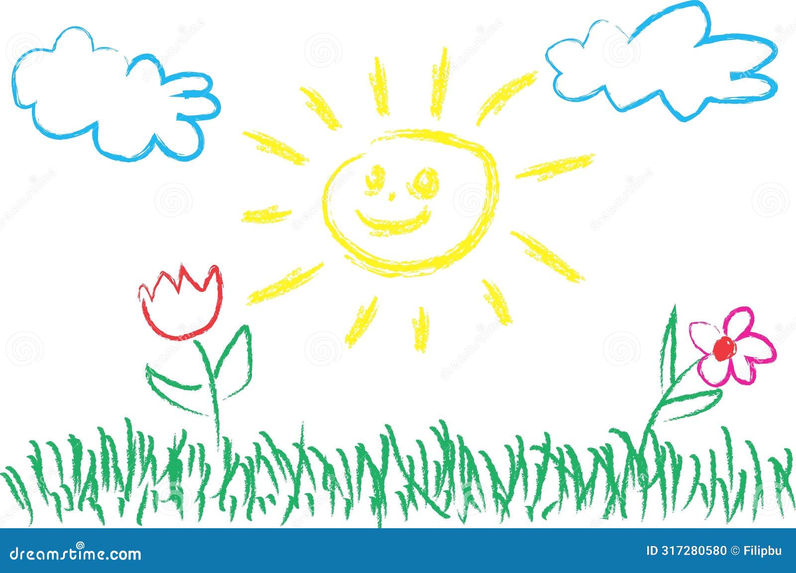 Kids Charcoal Drawing Sun Clouds Grass Flowers Spring World Vector ...