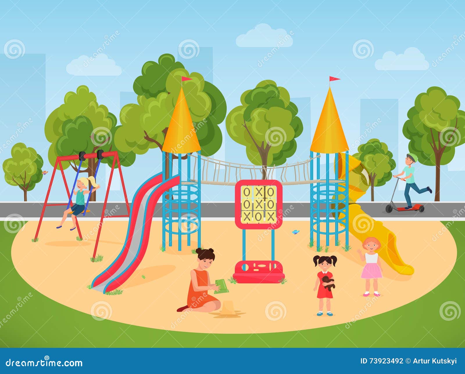 Kids Children Playing in the Playground. Vector Illustration. Stock ...