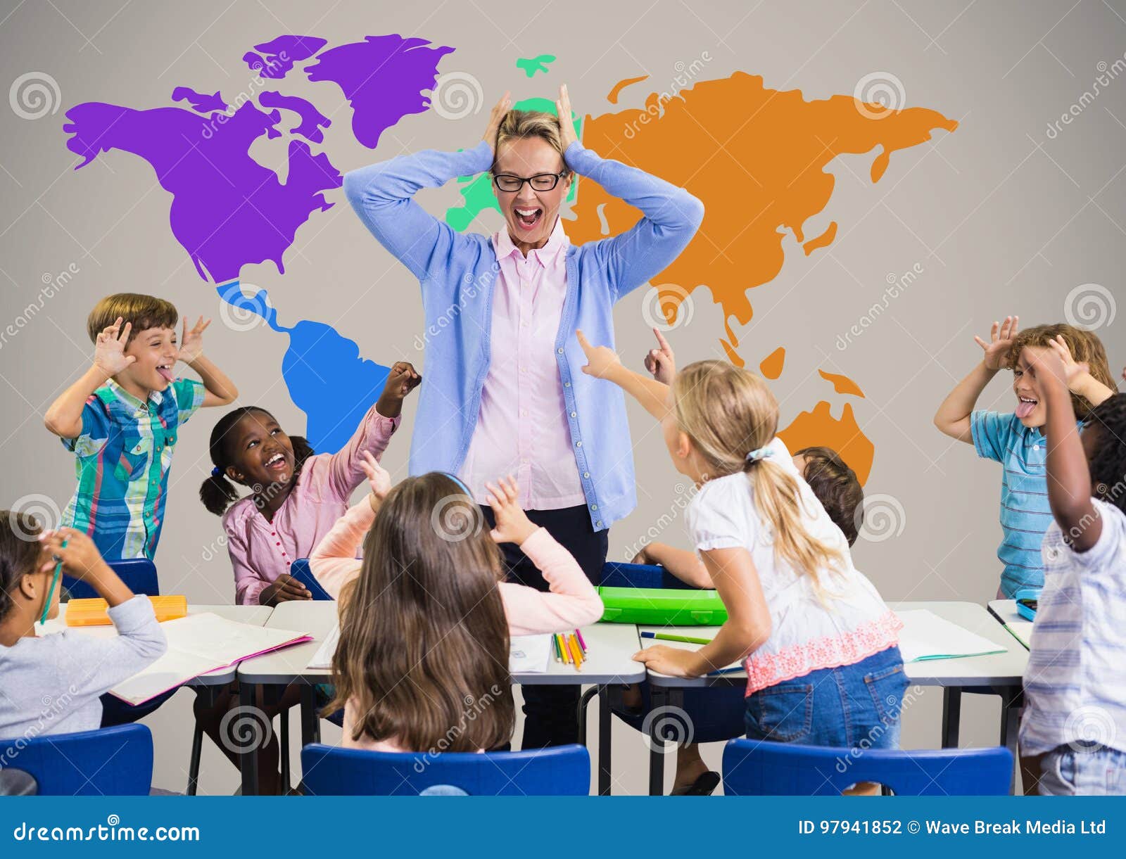 Kids in Class Shouting at Teacher and Messing in Front of Colorful ...