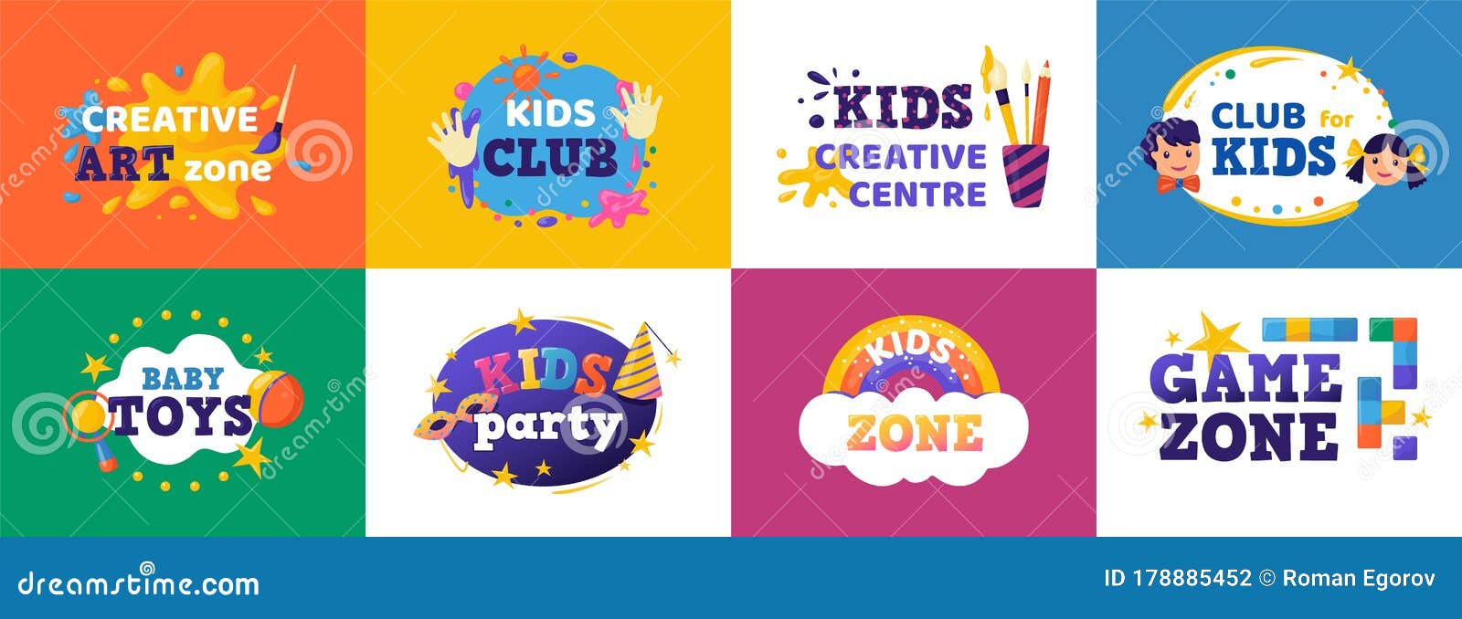 Kids Club Banner. Children Play Zone and Kids Toys Signs, Colorful Fun ... Kids Club Banner. Children Play Zone and Kids Toys Signs, Colorful Fun ...