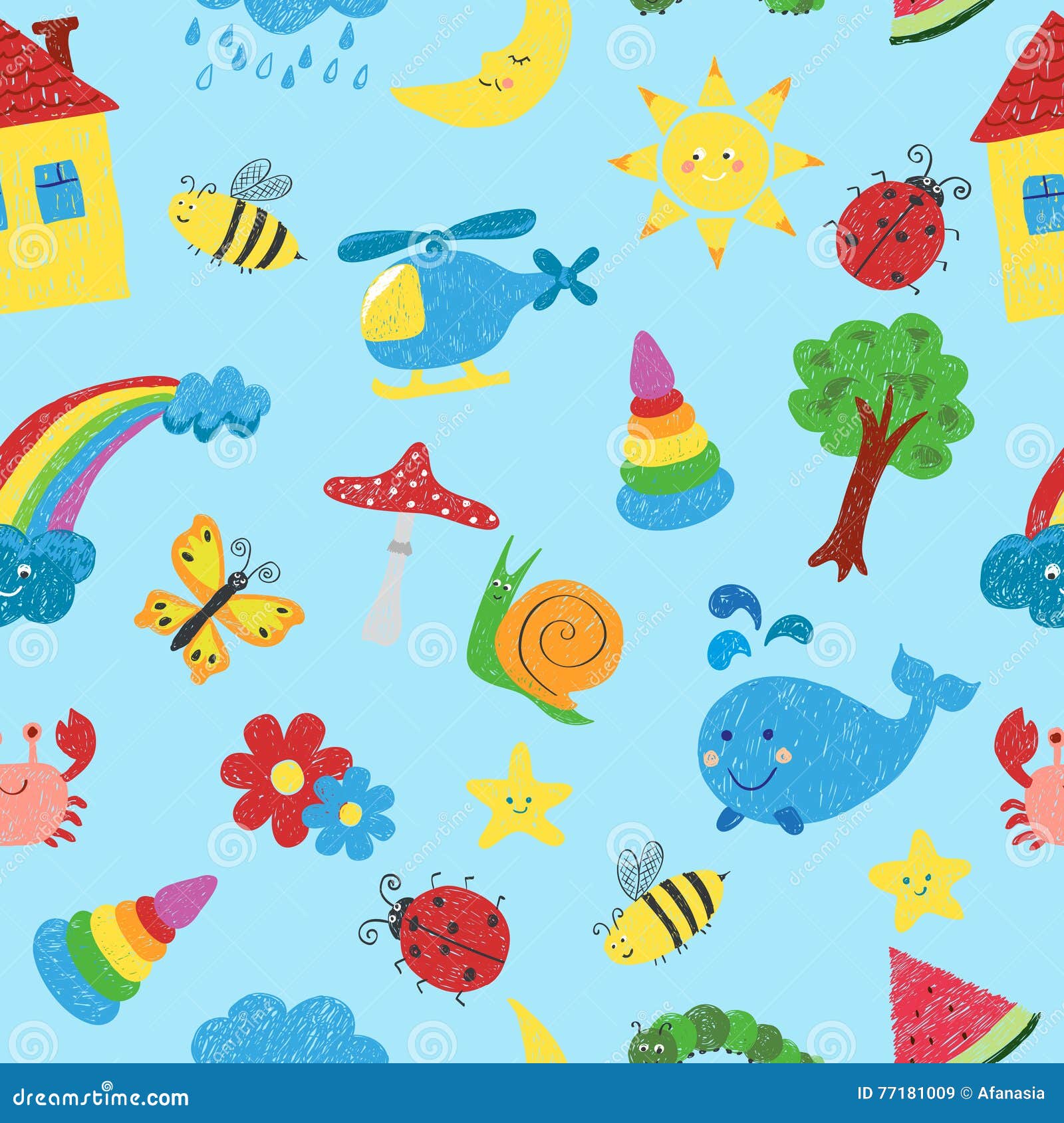Kids Colorful Drawings Seamless Pattern. Stock Vector - Illustration of ...
