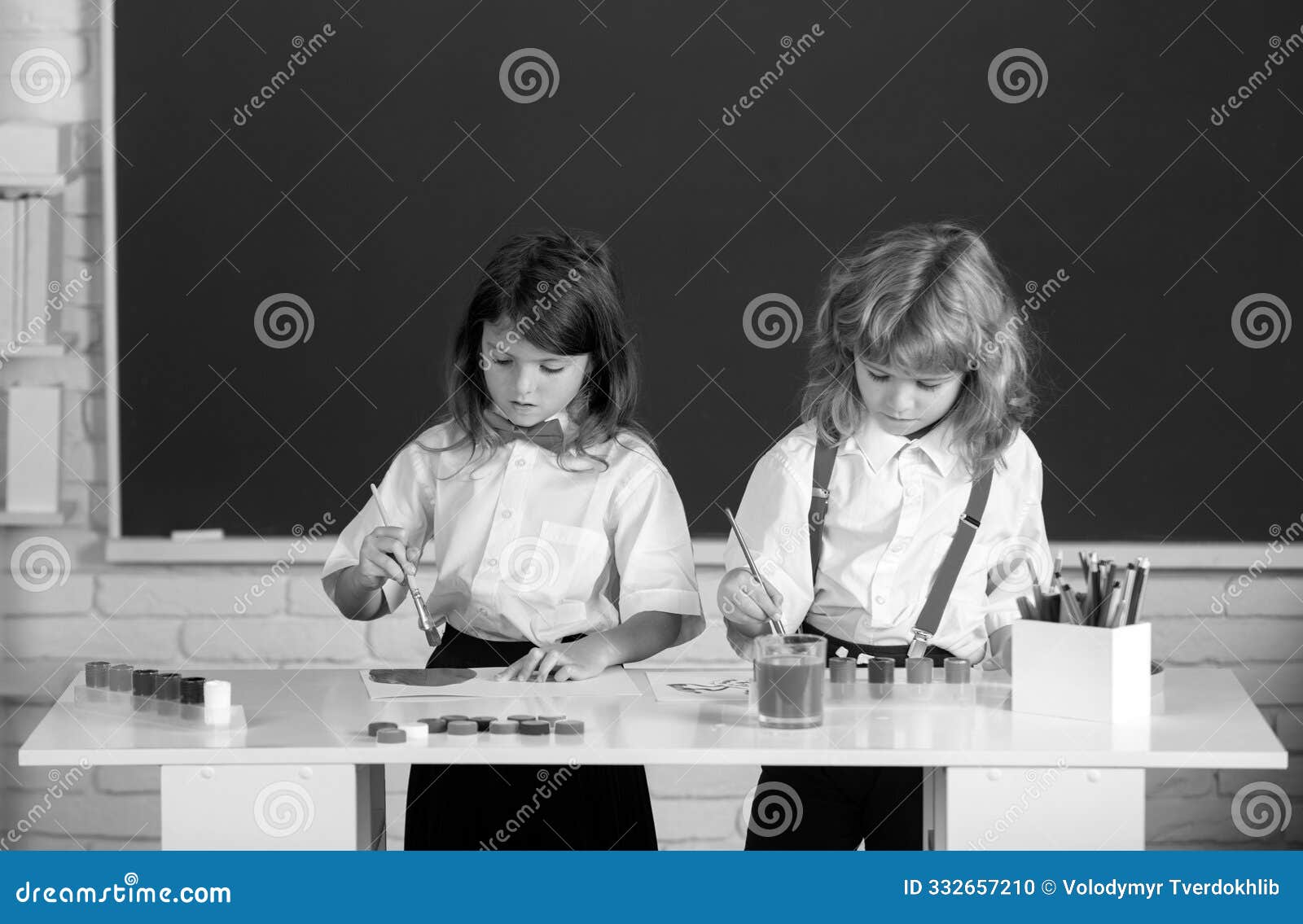 Kids Creative Growth. Portrait School Kids Doing Art Homework. Children ...