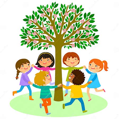 Kids dance around a tree stock vector. Illustration of cheerful - 85330920
